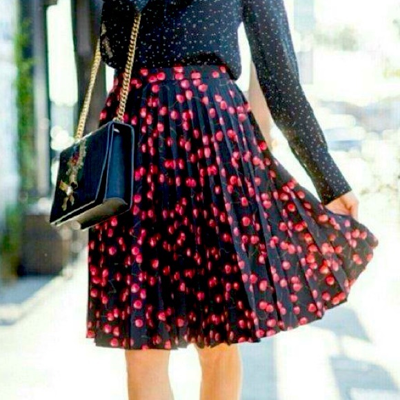 J. Crew | Skirts | J Crew Cherry Print Pleated Skirt Black Red Size 4 ...